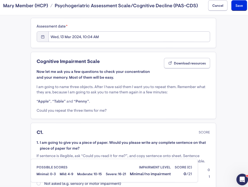Psychogeriatric Assessment Scale/Cognitive Decline (PAS-CDS)